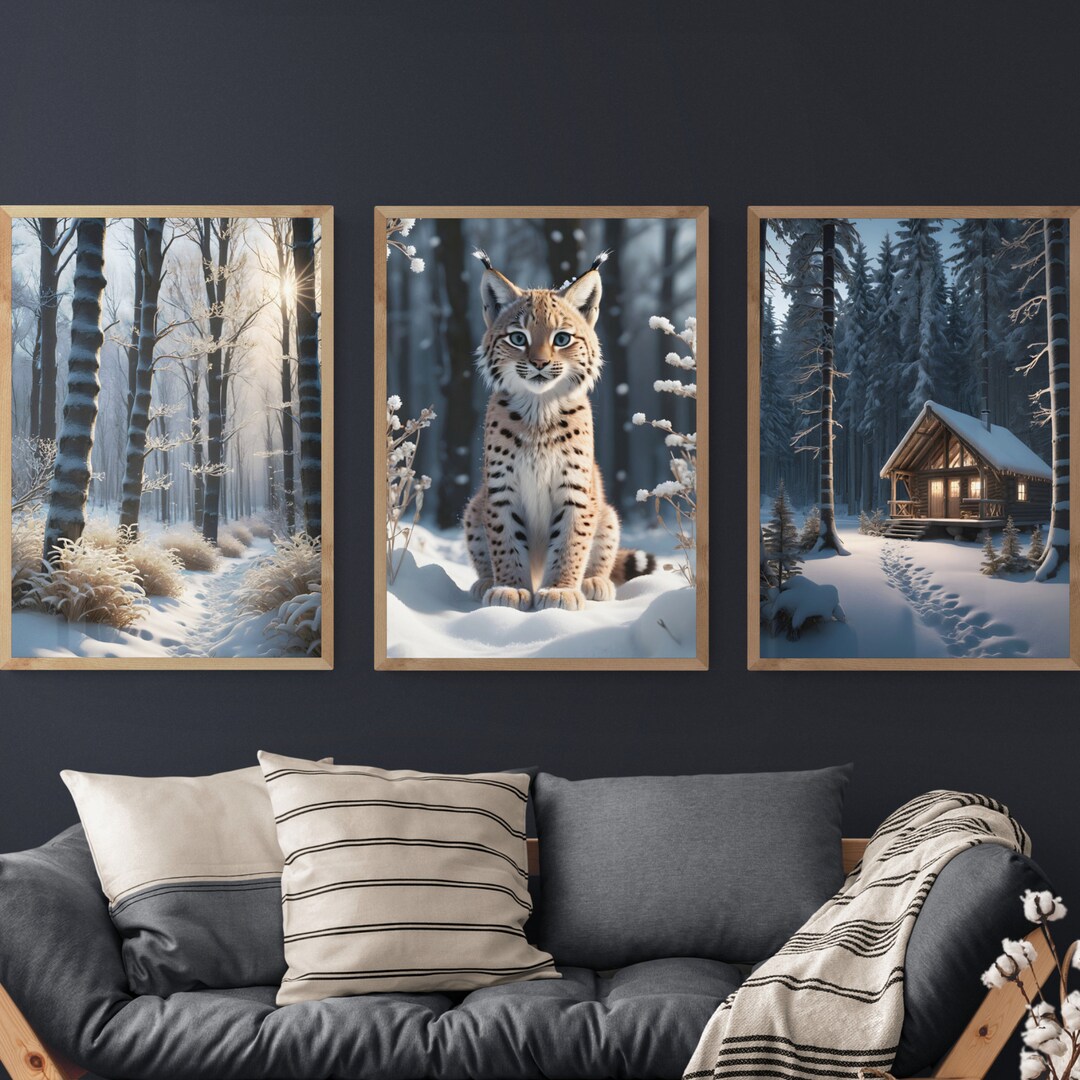 Set of 3 Winter Posters - Forest, Lynx, Cabin in 3D - Seasonal Wall ...