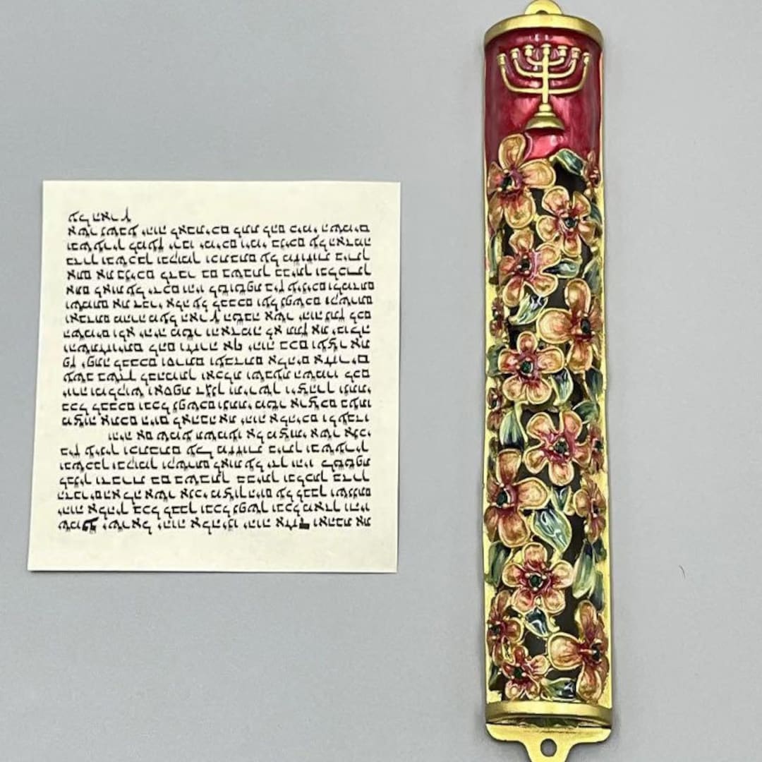 Menorah Enamel Mezuzah Case, Floral Judaic Doorpost Symbol, Handcrafted ...