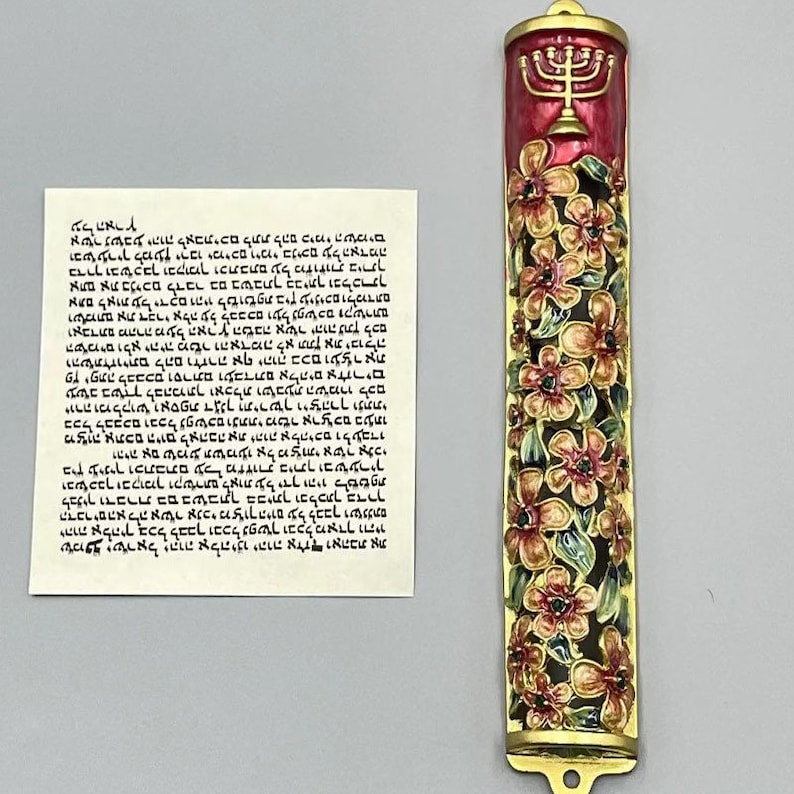 Menorah Enamel Mezuzah Case, Floral Judaic Doorpost Symbol, Handcrafted ...