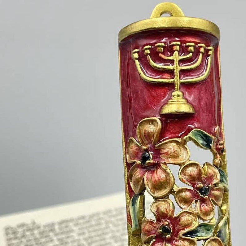 Menorah Enamel Mezuzah Case, Floral Judaic Doorpost Symbol, Handcrafted ...