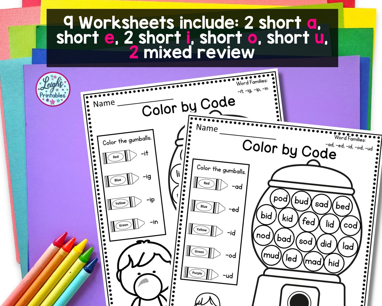 Short Vowel Color by Code Gumball Printables and Seesaw Links, Phonics ...