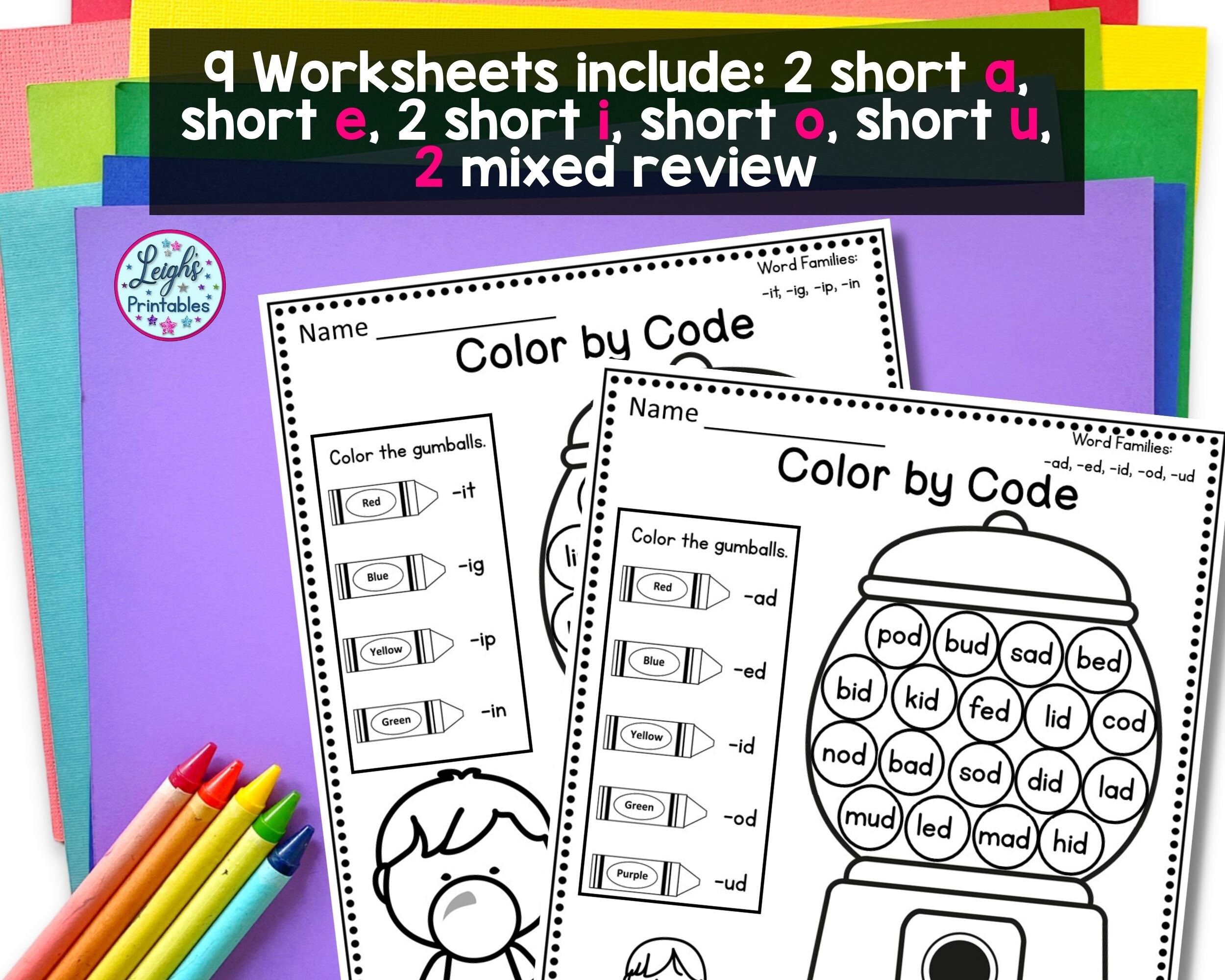 Short Vowel Color by Code Gumball Printables and Seesaw Links, Phonics ...