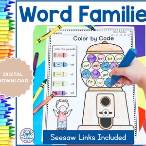 Short Vowel Color by Code Gumball Printables and Seesaw Links, Phonics ...