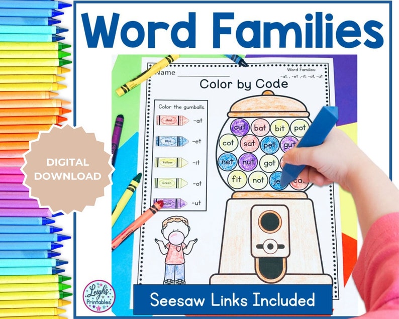 Short Vowel Color by Code Gumball Printables and Seesaw Links, Phonics ...