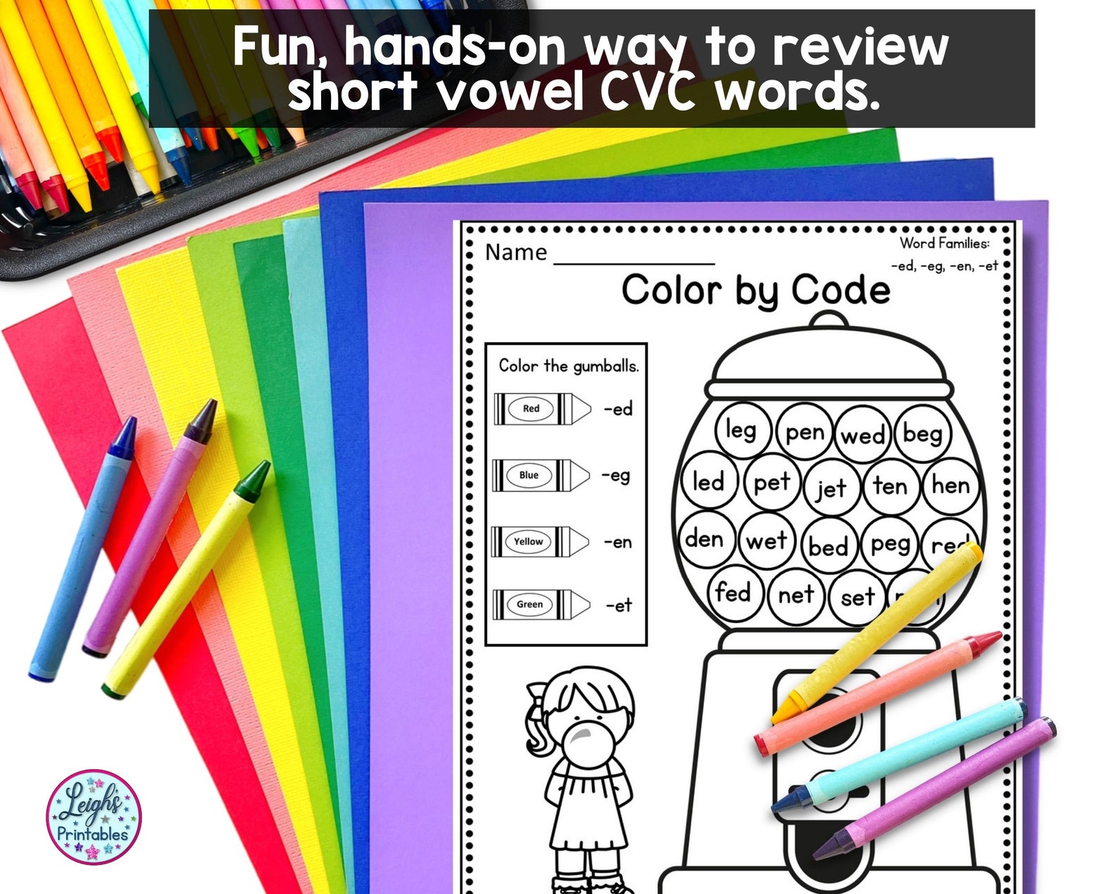 Short Vowel Color by Code Gumball Printables and Seesaw Links, Phonics ...