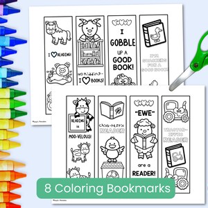 Coloring Bookmarks for Kids, 8 Printable Farm Coloring Bookmarks and 4 ...