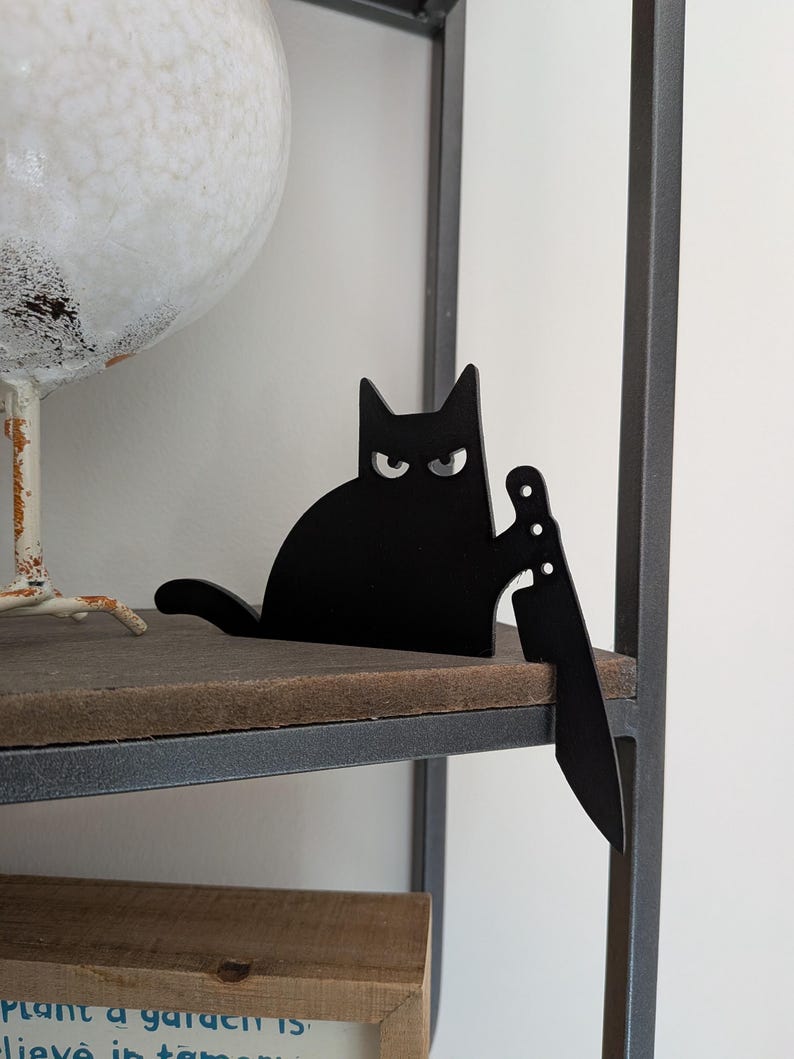Mini Black Cat Shelf Decor, Mischievous Cat With Knife - Etsy