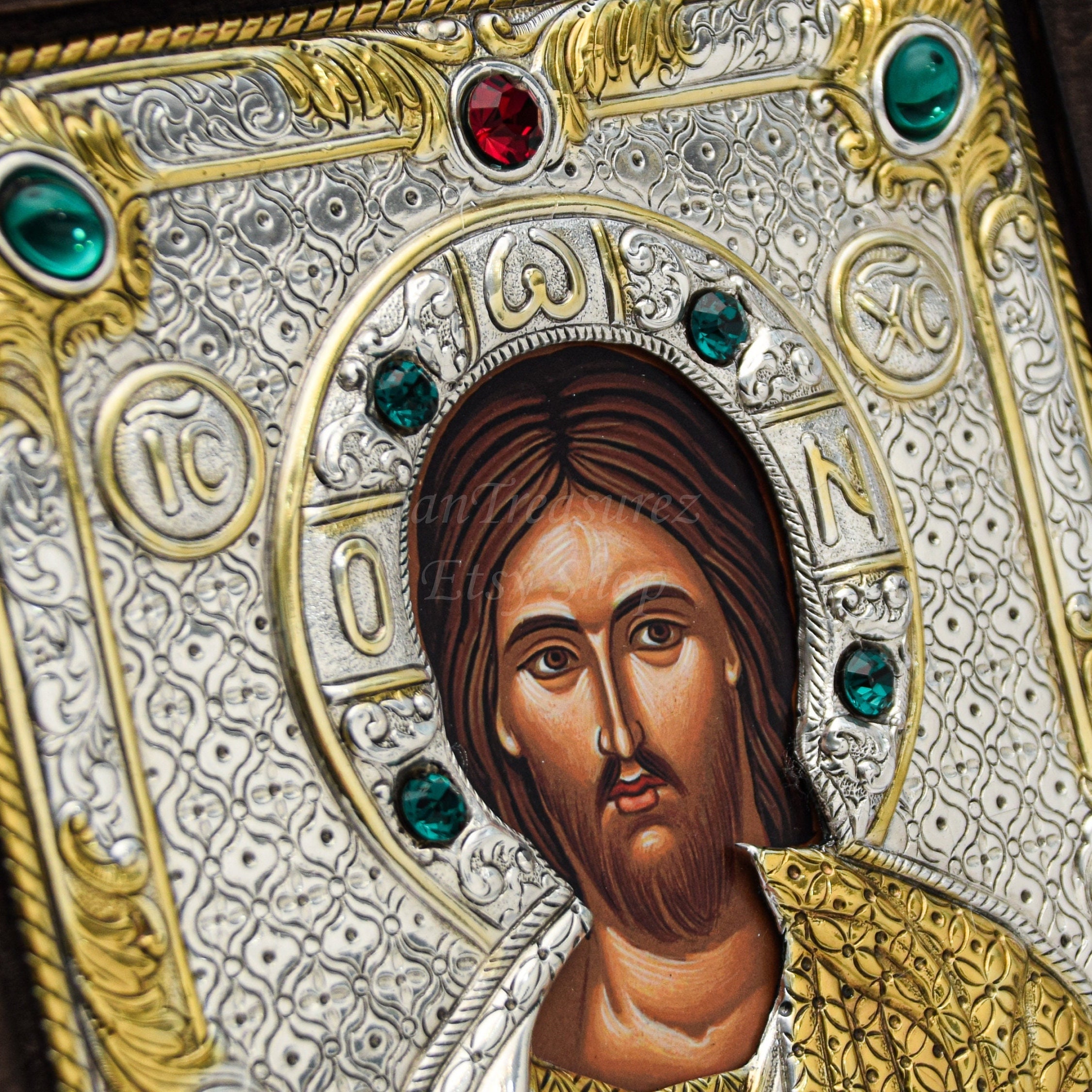 Christ Pantocrator Icon With Gemstones, Sterling Silver & Gold ...