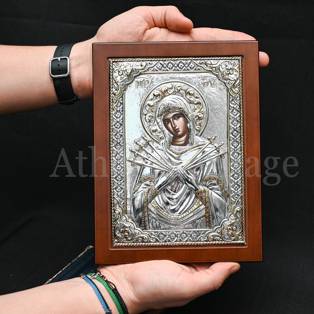 Virgin Mary of the Seven Swords, Greek Silver Icon REAL Sterling 925 ...