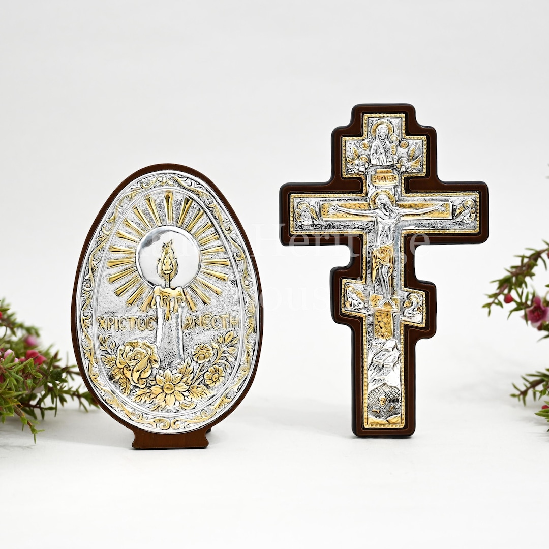Wall Crucifix + Resurrection Egg, Jesus Cross Silver Gold Relief ...