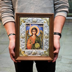 Archangel Michael Icon Religious Orthodox Wall Art Frame, Greek Silver ...