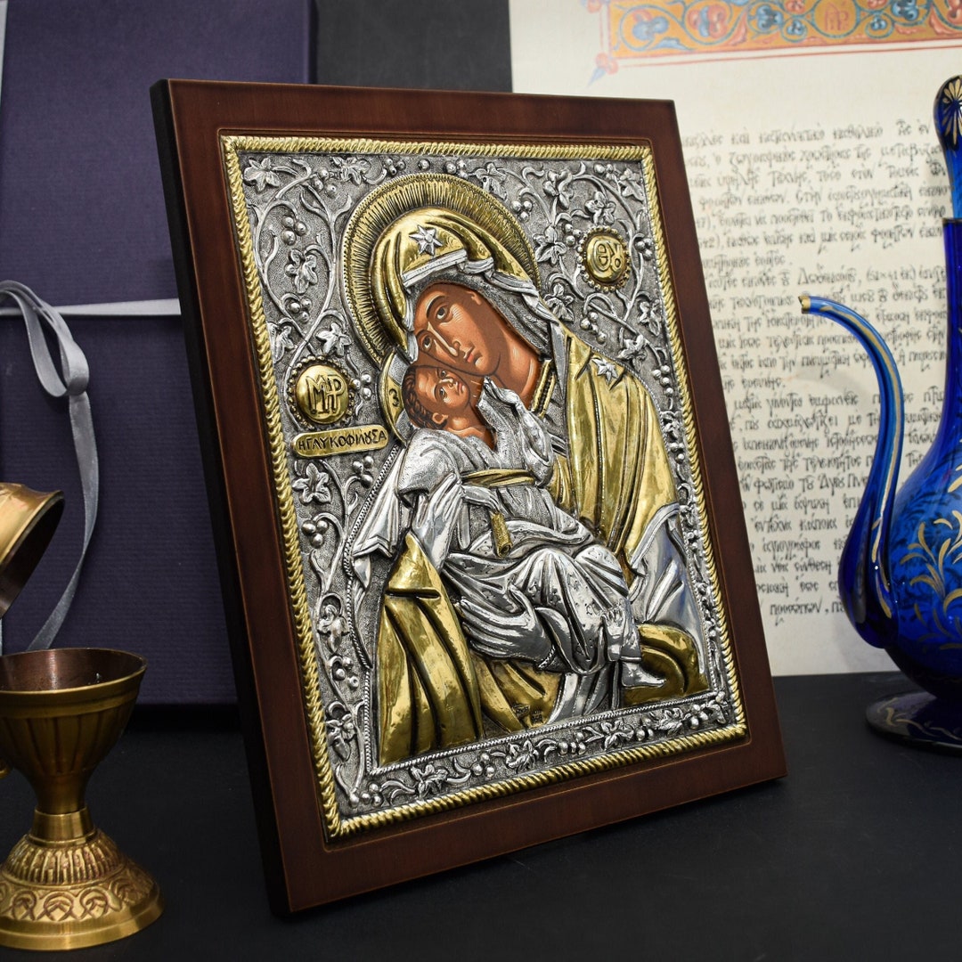 Virgin Mary Orthodox Icon, SILVER & GOLD Artwork on Wood · Eastern ...