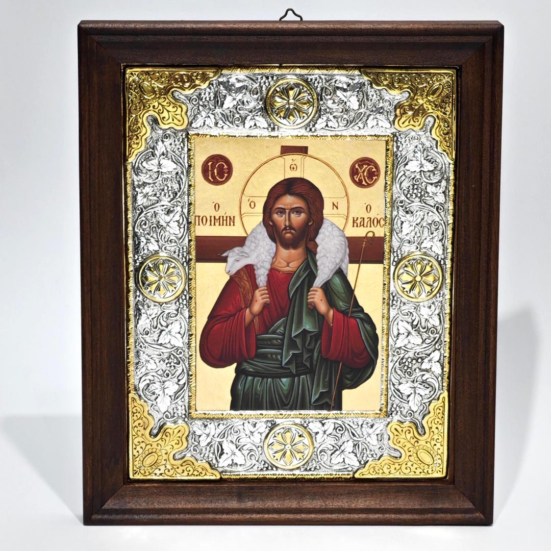 Good Shepherd Jesus Icon, Silver & Gold Frame Wall Religious Altar ...
