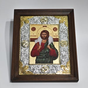 Good Shepherd Jesus Icon, Silver & Gold Frame Wall Religious Altar ...