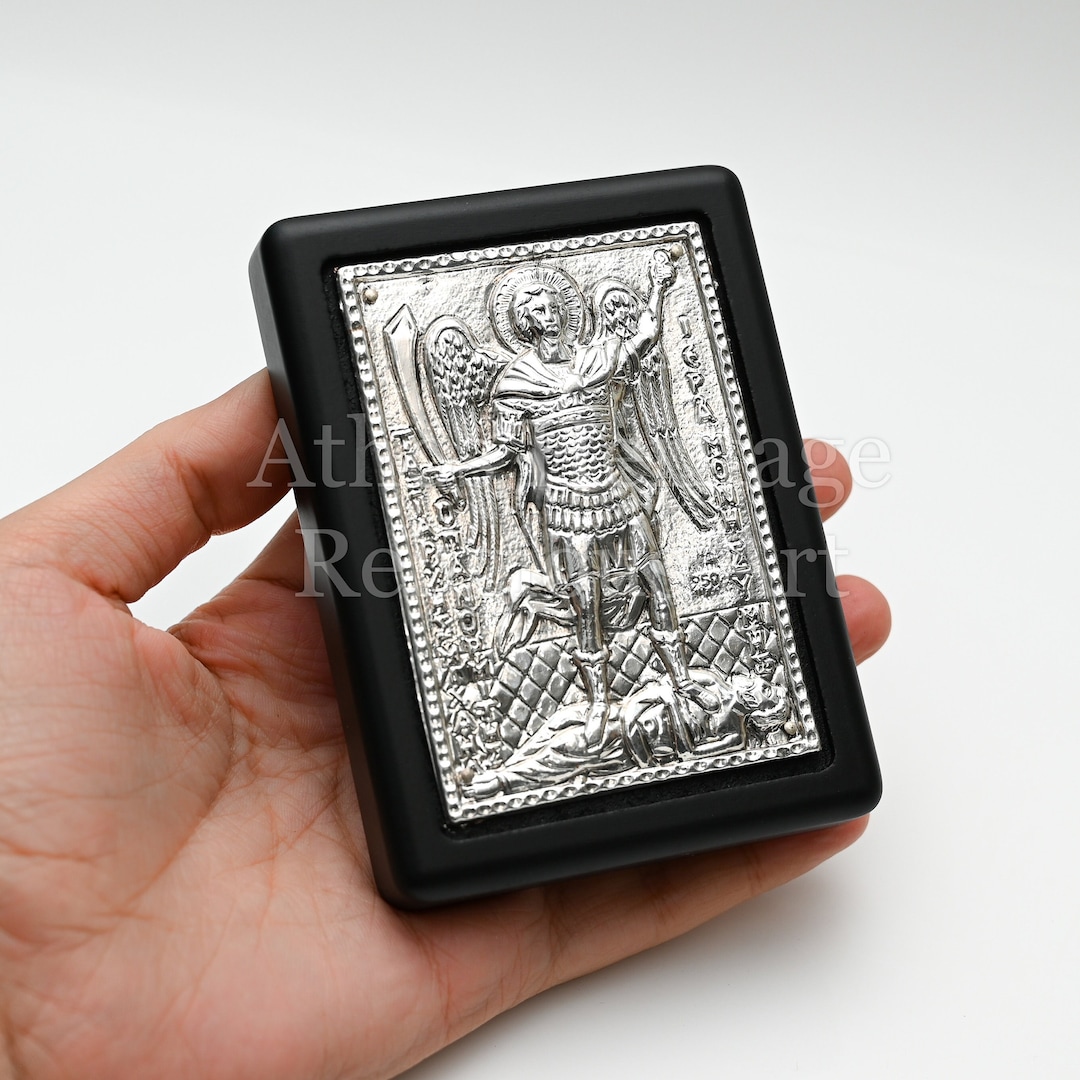 Orthodox Icon Archangel Michael Panormitis - Sculptural Silver & Wood ...