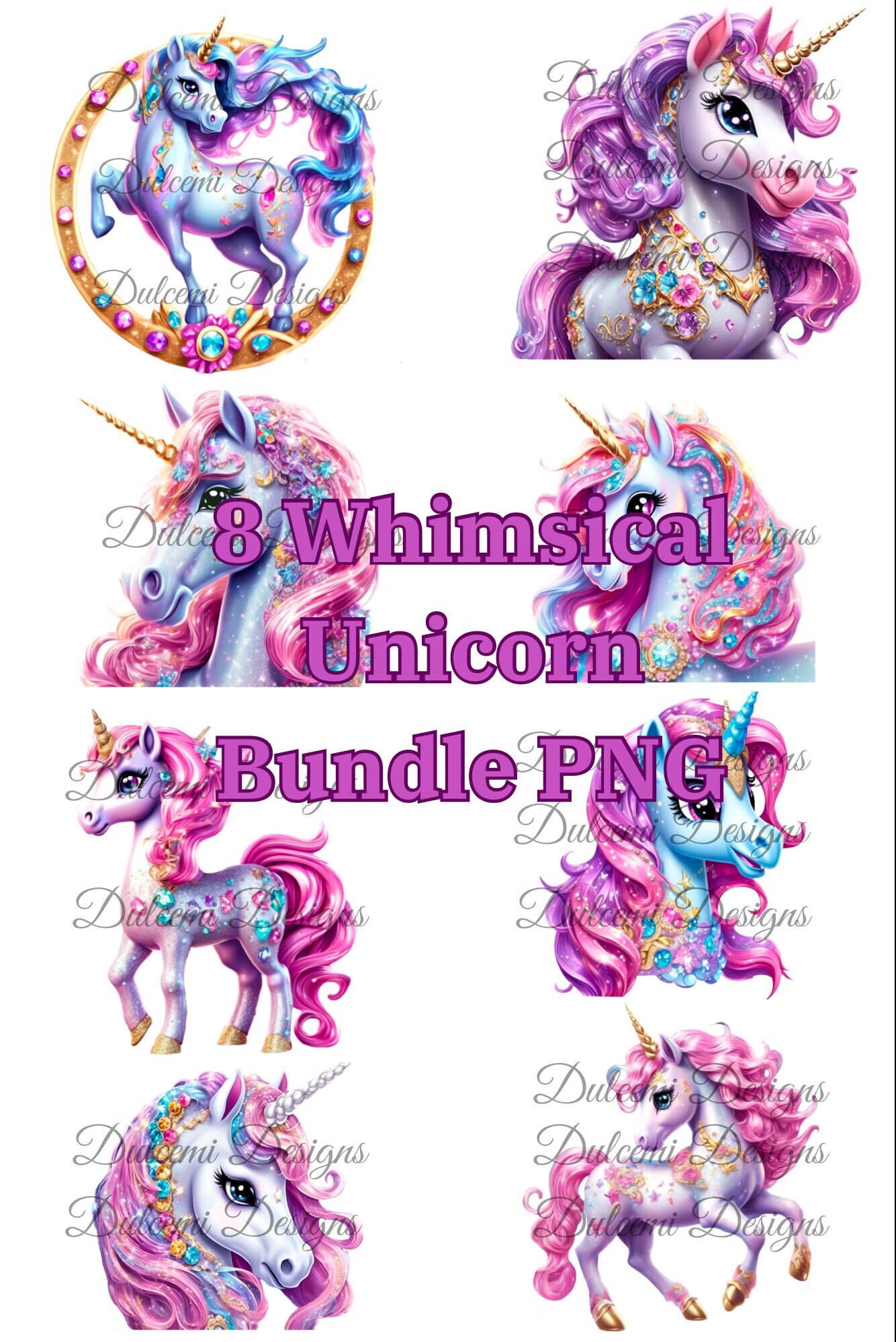 8 Whimsical Unicorn Clipart Bundle PNG - Etsy