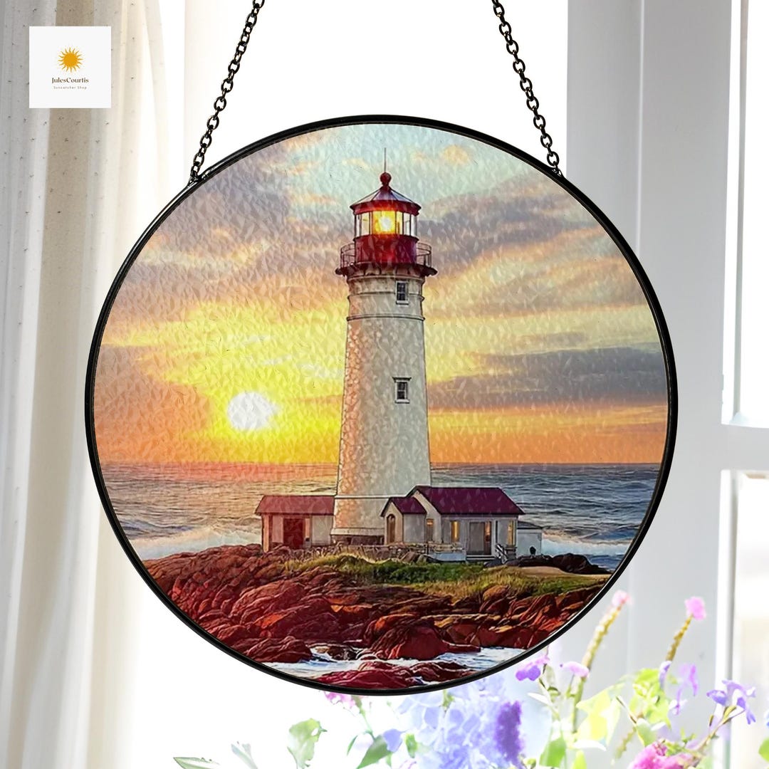 Classic Lighthouse Stained Glass Suncatcher - Coastal Nautical Window ...