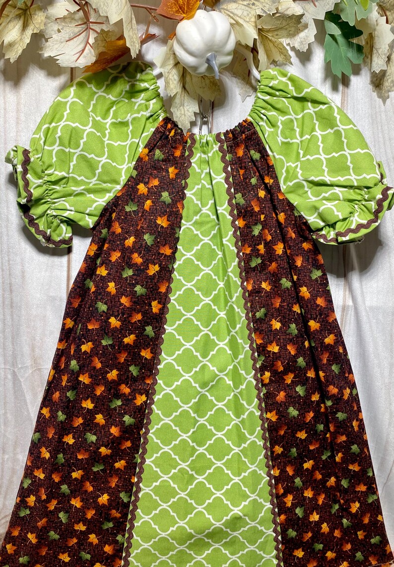 Lime Green and Brown Fall Leaves Handmade Dress for Girl Size 3/4 ...