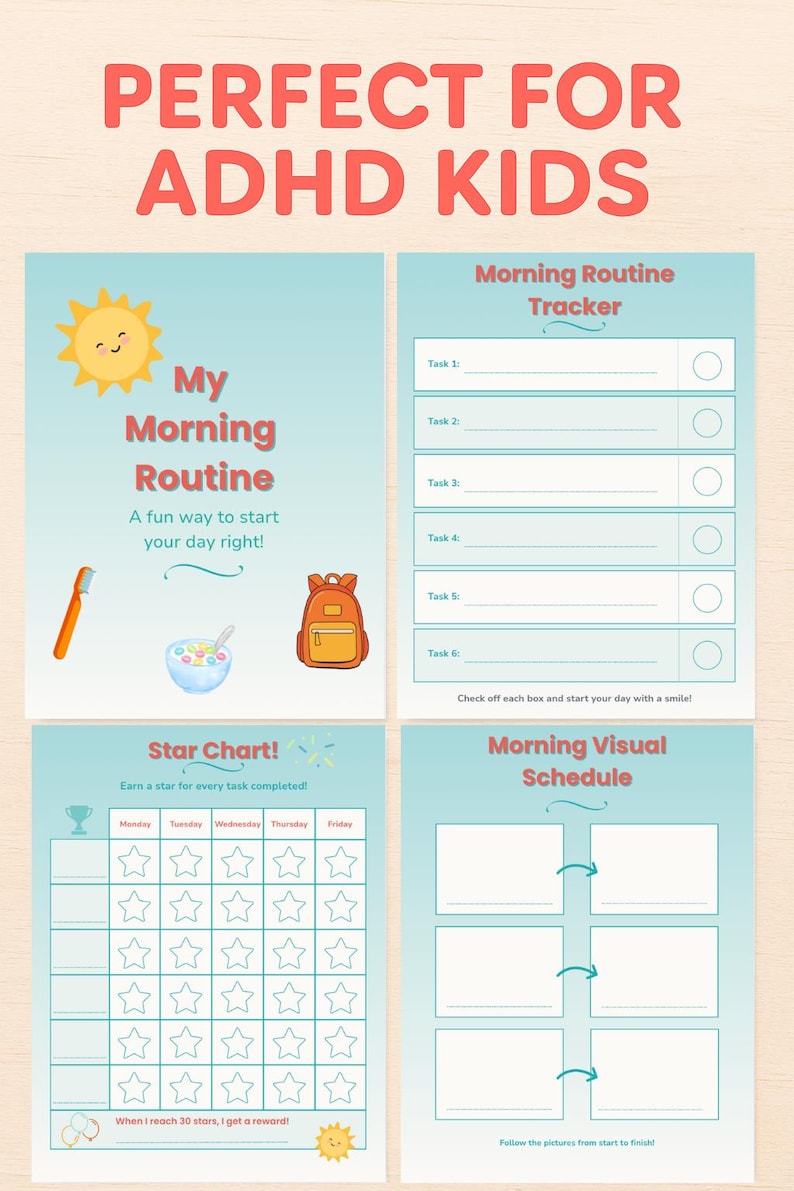 ADHD Friendly Kids Morning Routine Chart: Visual Schedule (printable ...