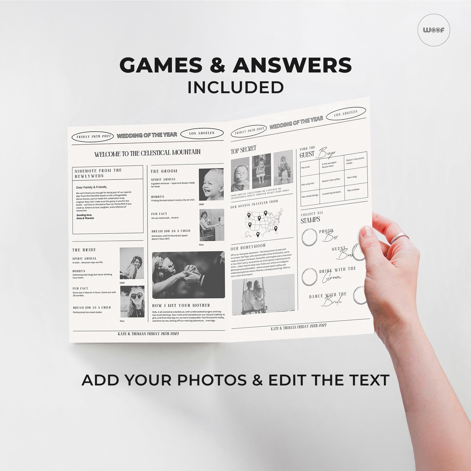 Classic Large Wedding Newspaper, Fully Editable, Games answers, Bride ...