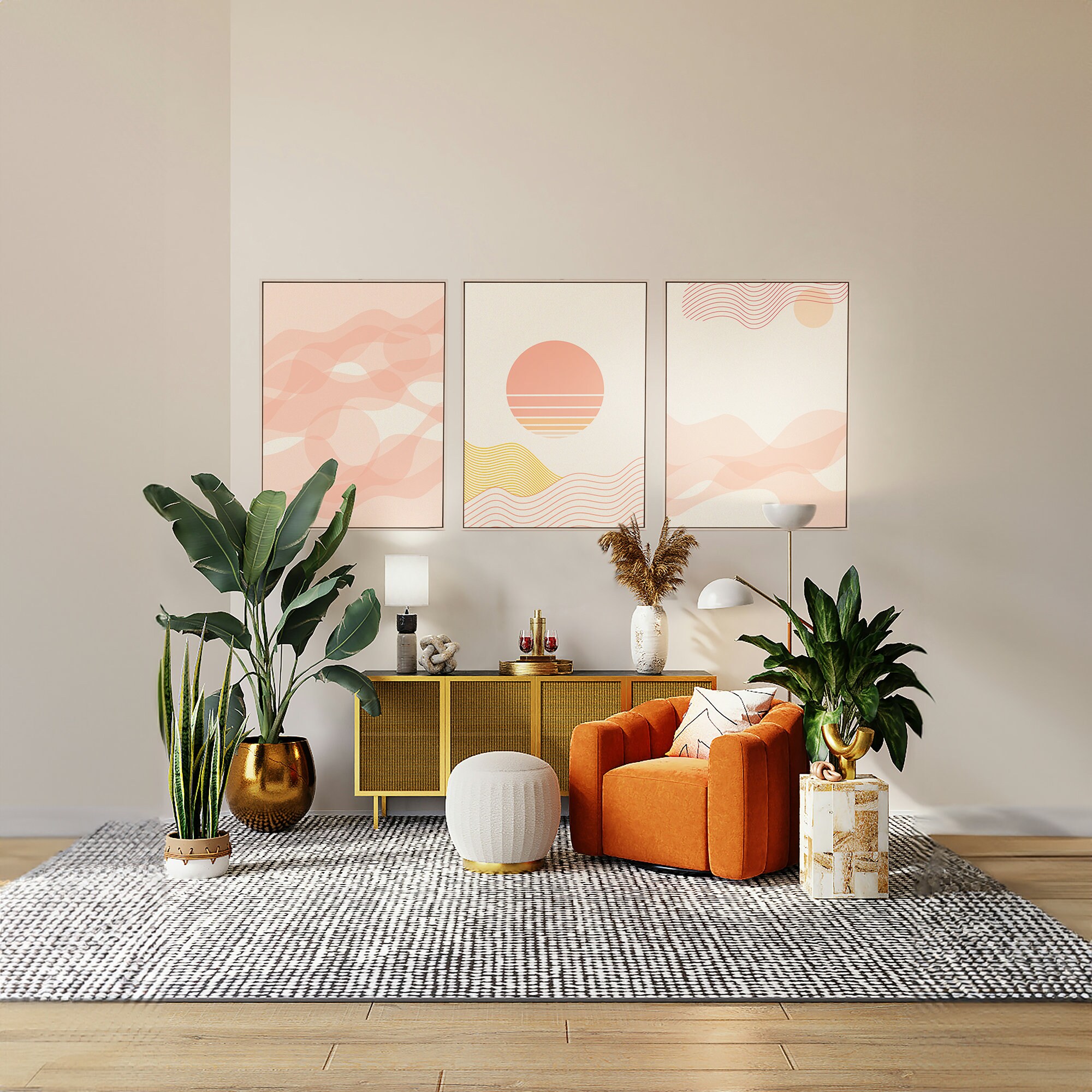 Joyful Wavy Sun Printable Poster Set of 3 in Peach 2024 Funki Dopamine ...