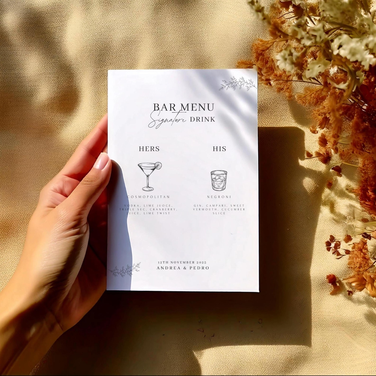 Minimalistic Wedding Bar Menu Template – Two-sided His & Her Signature ...