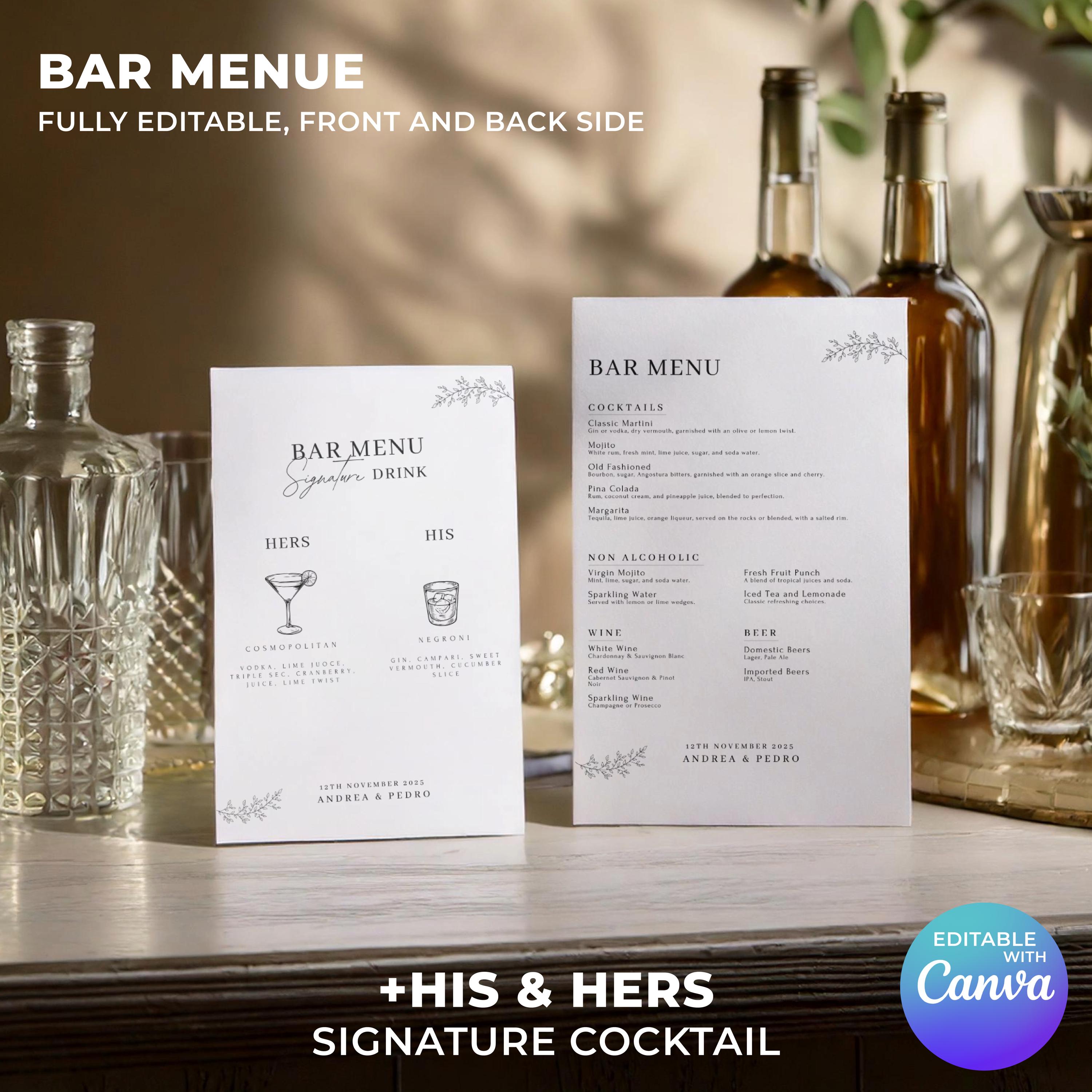 Minimalistic Wedding Bar Menu Template – Two-sided His & Her Signature ...
