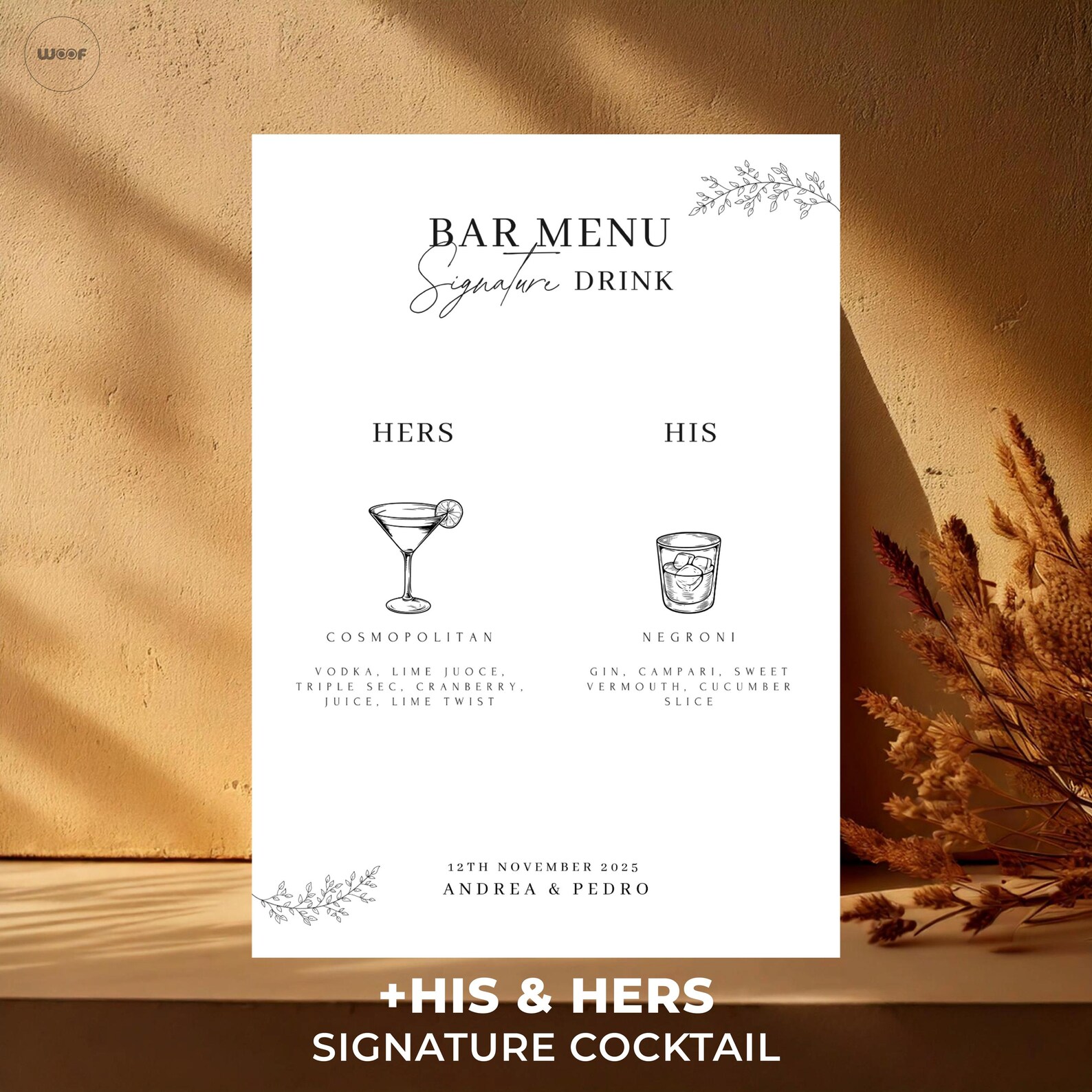 Minimalistic Wedding Bar Menu Template – Two-sided His & Her Signature ...