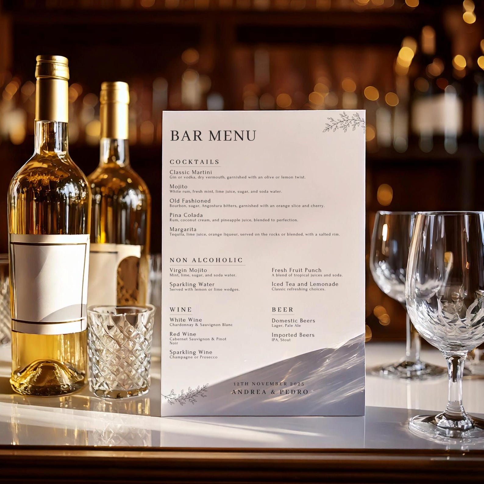 Minimalistic Wedding Bar Menu Template – Two-sided His & Her Signature ...