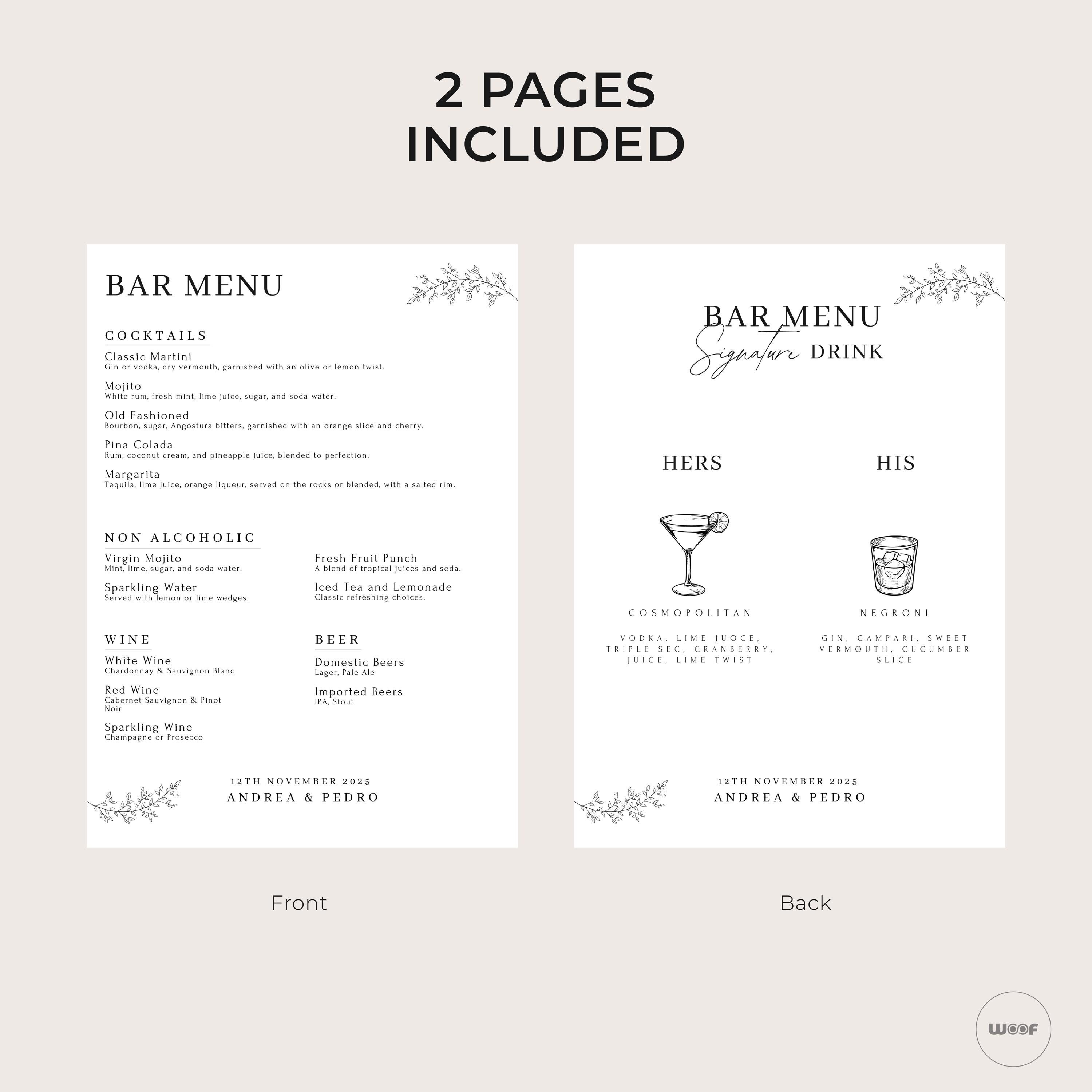 Minimalistic Wedding Bar Menu Template – Two-sided His & Her Signature ...