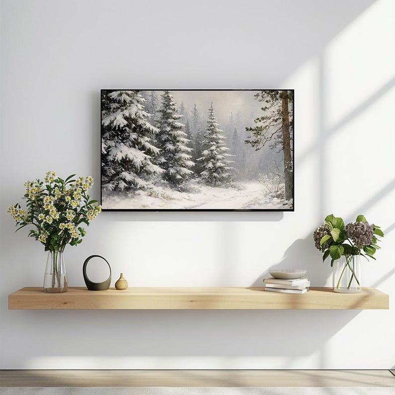 Winter Forest Art Snowy Pine Trees Art Vintage Winter Landscape ...