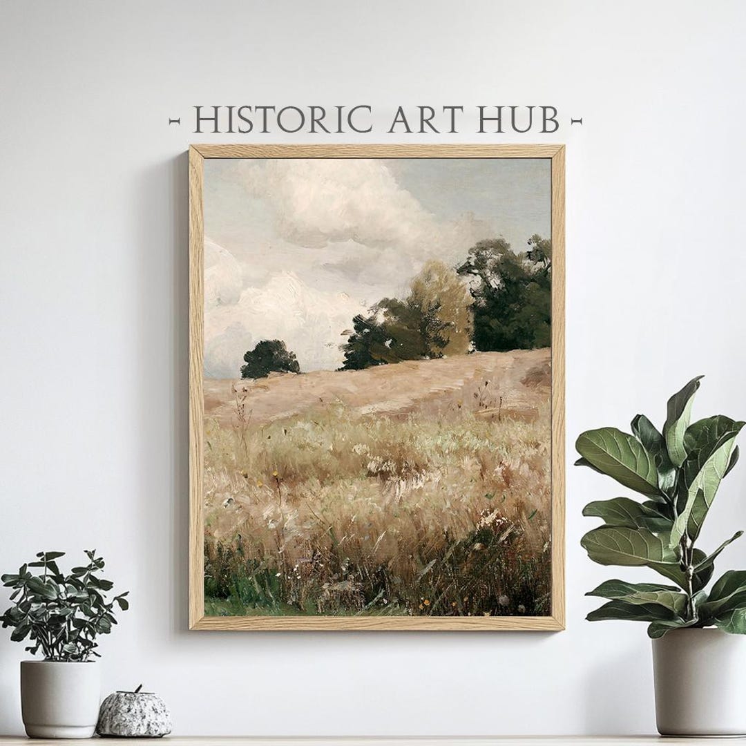 Vintage Landscape Painting of Meadow Scene With Trees and Clouds ...