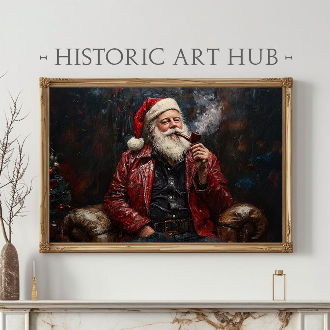 Printable Modern Santa Claus Smoking Pipe Painting Rustic Christmas ...