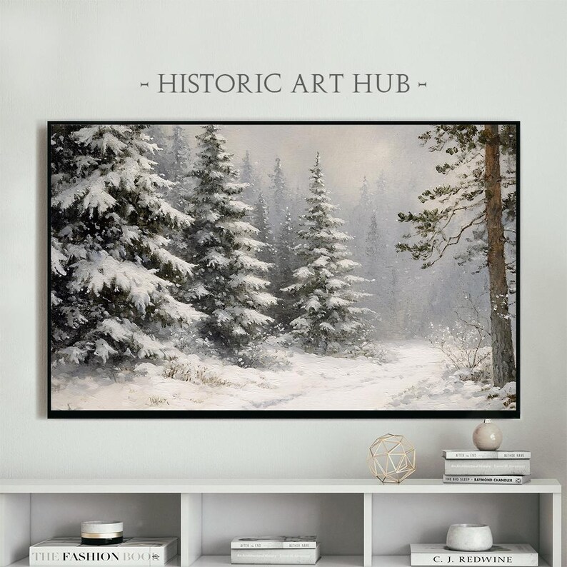 Winter Forest Art Snowy Pine Trees Art Vintage Winter Landscape ...