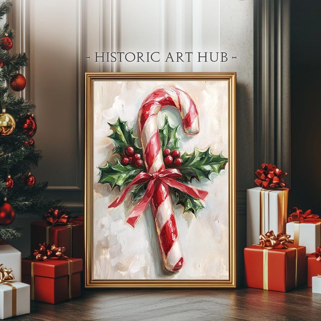Printable Candy Cane Painting Rustic Oil Art Style Christmas Holiday ...