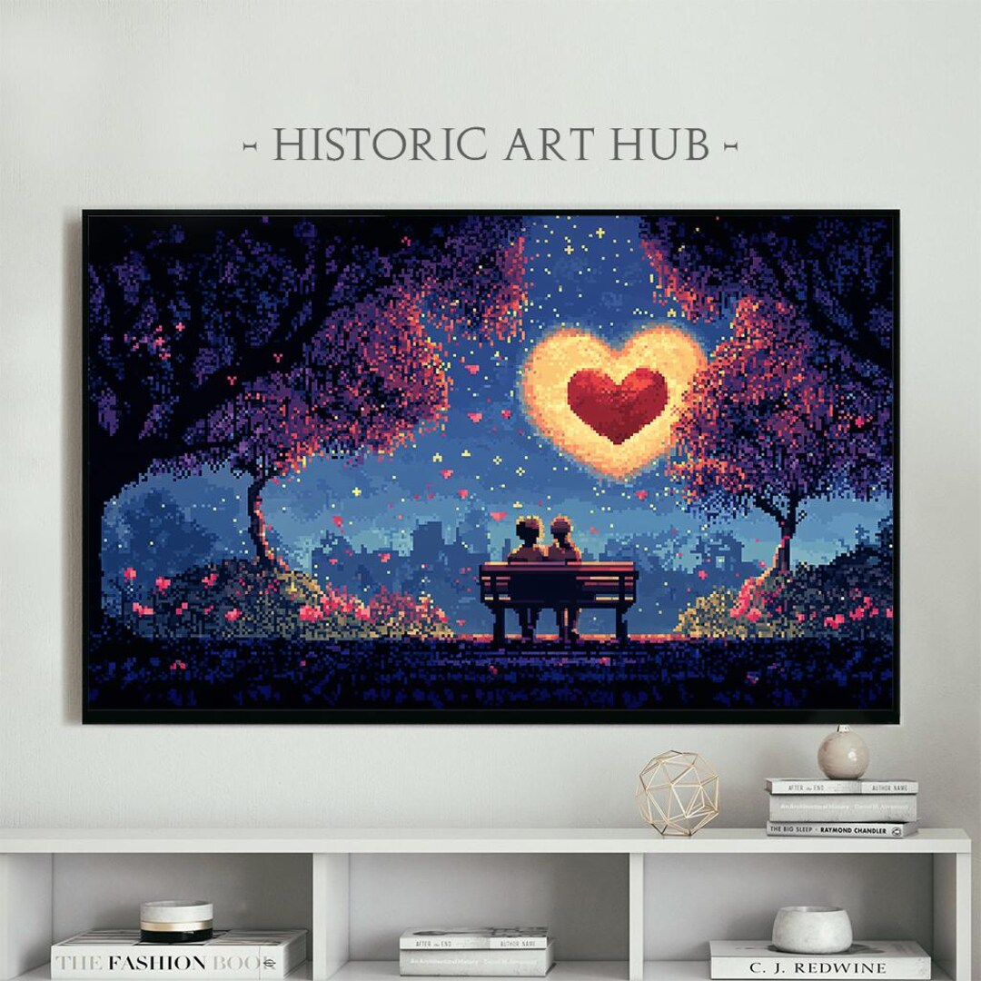 Romantic Pixel Art Valentine's Day Couple Under Heart Sky Vibrant ...