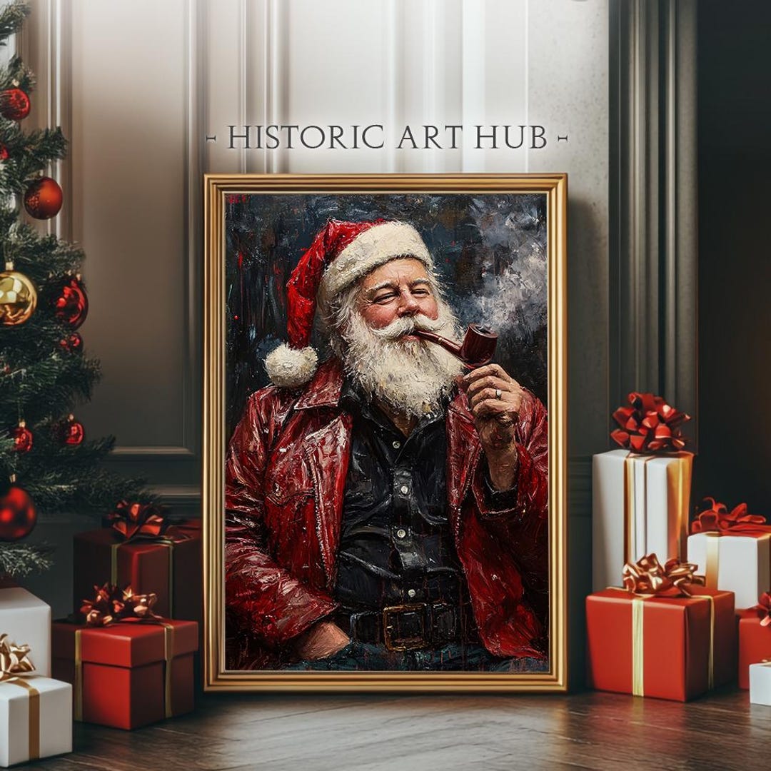 Printable Santa Claus Smoking Pipe Modern Oil Painting Christmas Wall ...