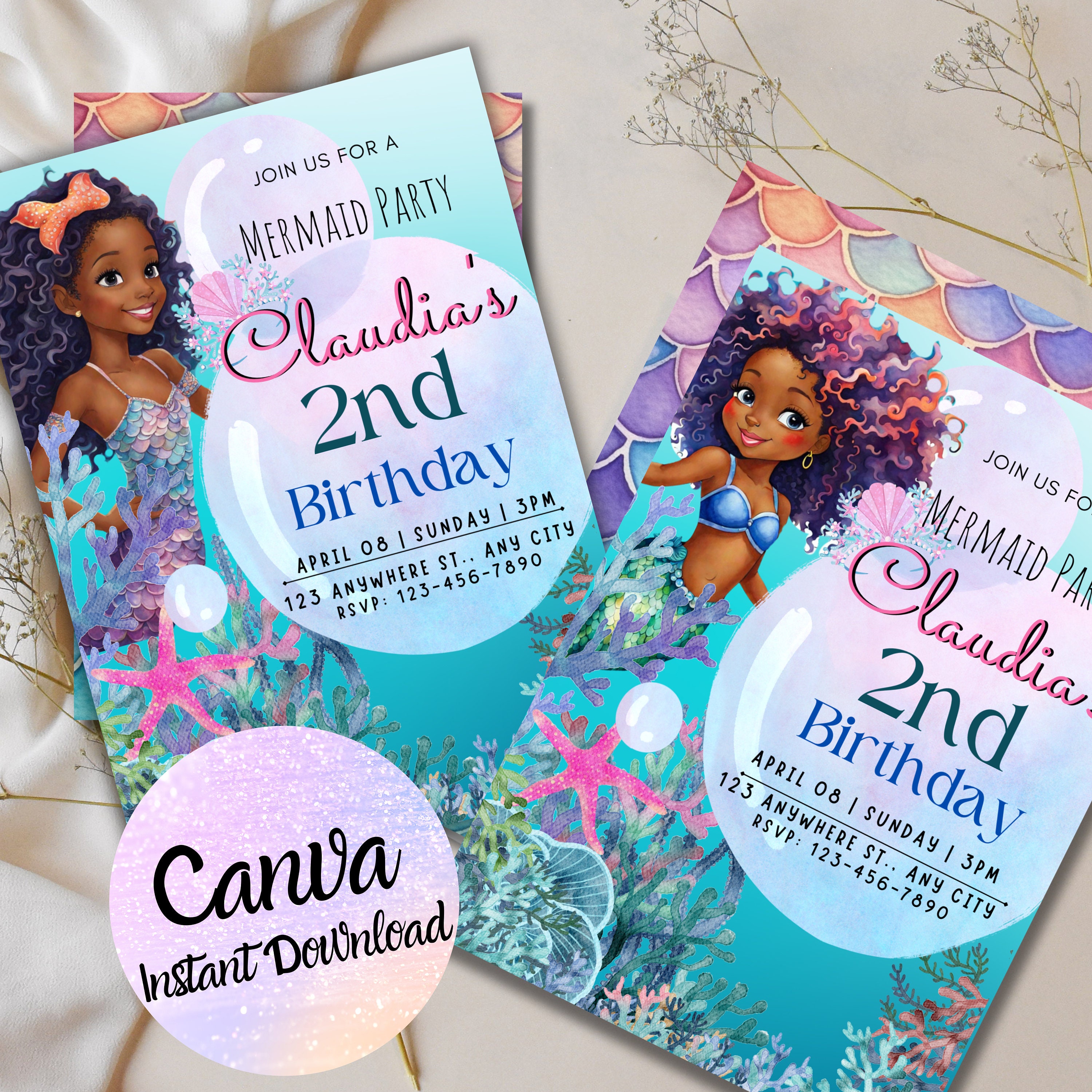 Mermaid Editable Birthday Invitation SVG Mermaid Invites Under the Sea ...