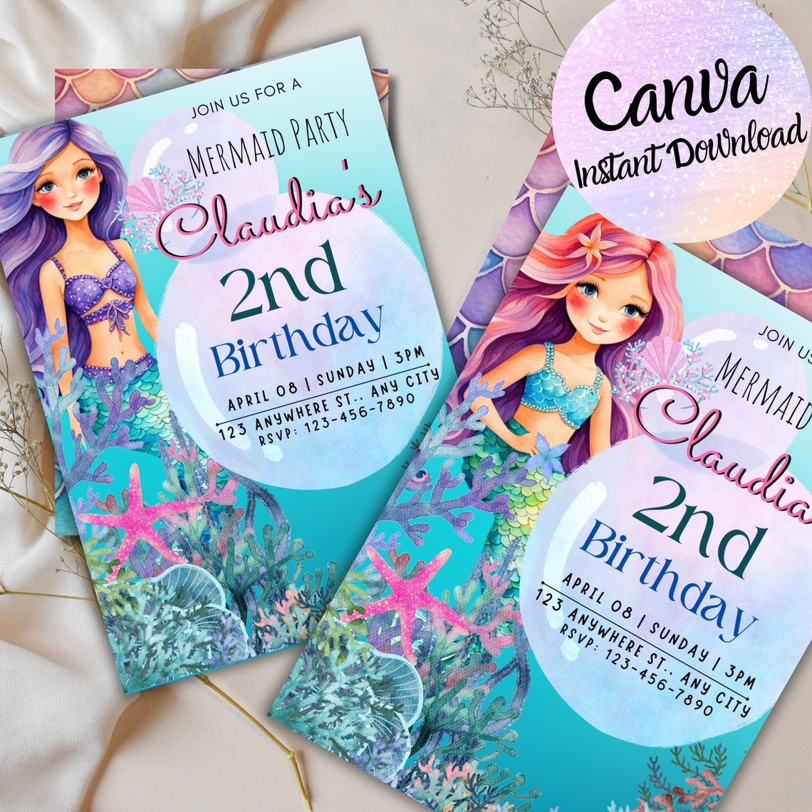 Mermaid Editable Birthday Invitation SVG Mermaid Invites Under the Sea ...