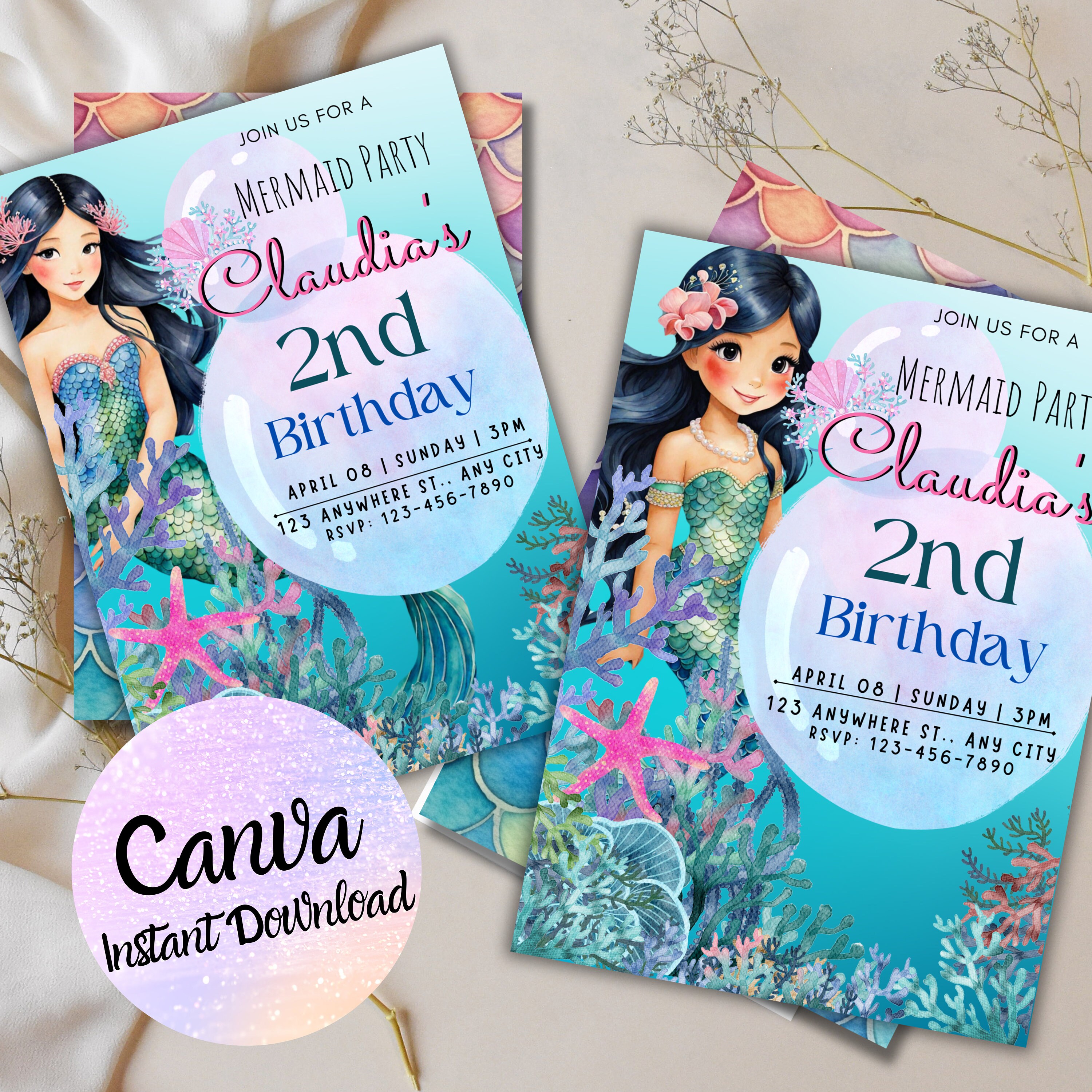 Mermaid Editable Birthday Invitation SVG Mermaid Invites Under the Sea ...