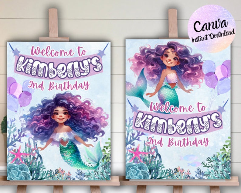 Editable Watercolor Mermaid Welcome Sign Birthday Party Hispanic ...
