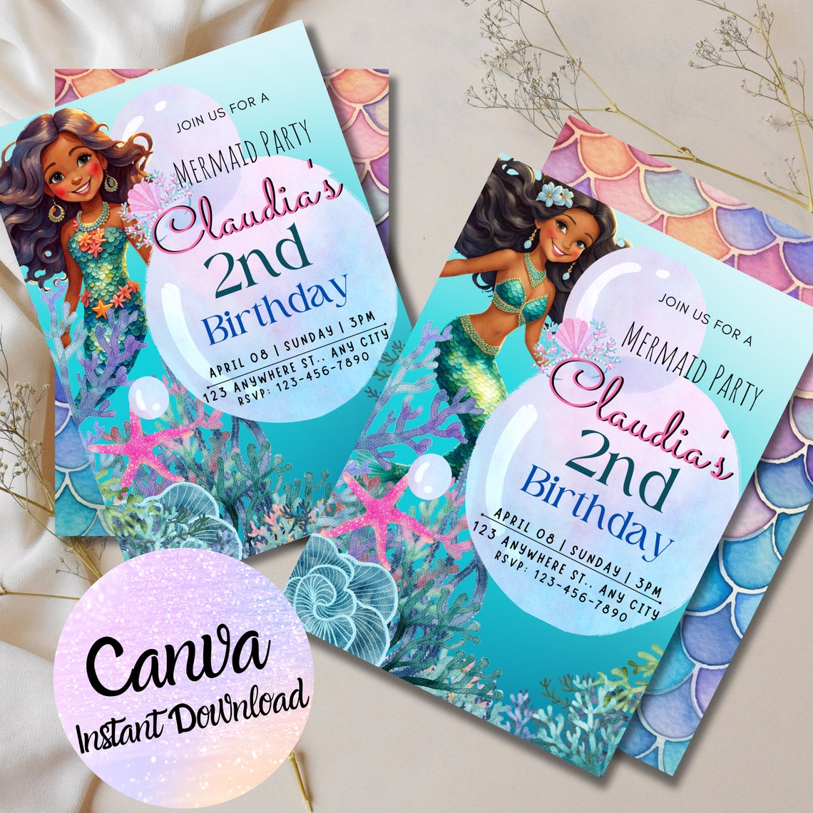 Mermaid Editable Birthday Invitation SVG Mermaid Invites Under the Sea ...