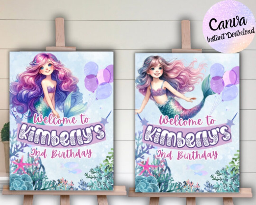 Editable Watercolor Mermaid Welcome Sign Birthday Party Mermaids ...