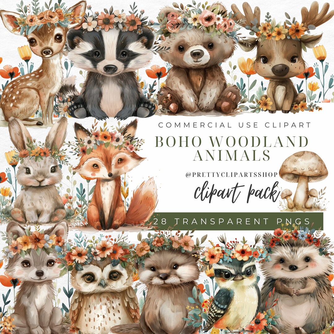 Boho Woodland Animals Clipart: Baby Shower Nursery Decor (PNG) - Etsy