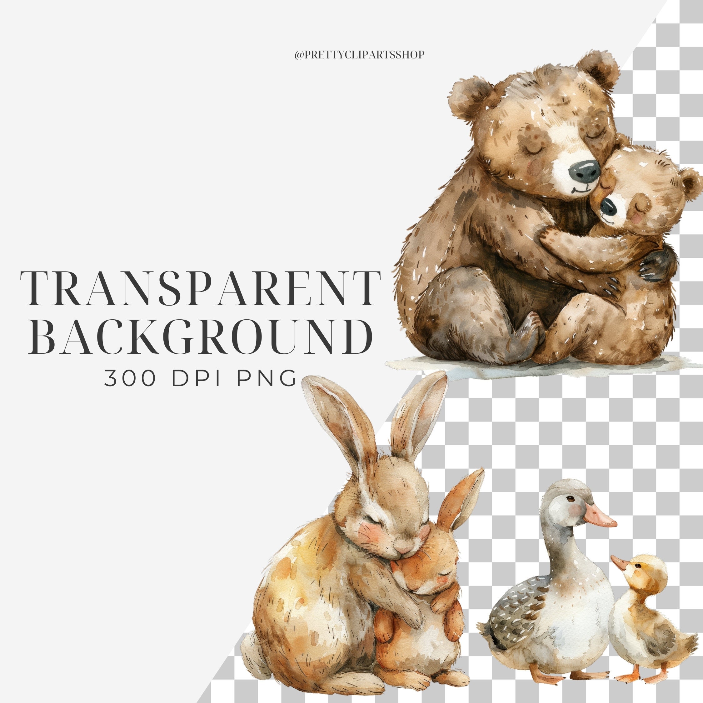 Watercolor Mama and Baby Animal Clipart, Baby Animals, Cute Animal PNG ...