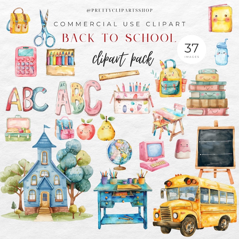 Watercolor Back to School Clipart, School Bus, Backpack, Pencil ...