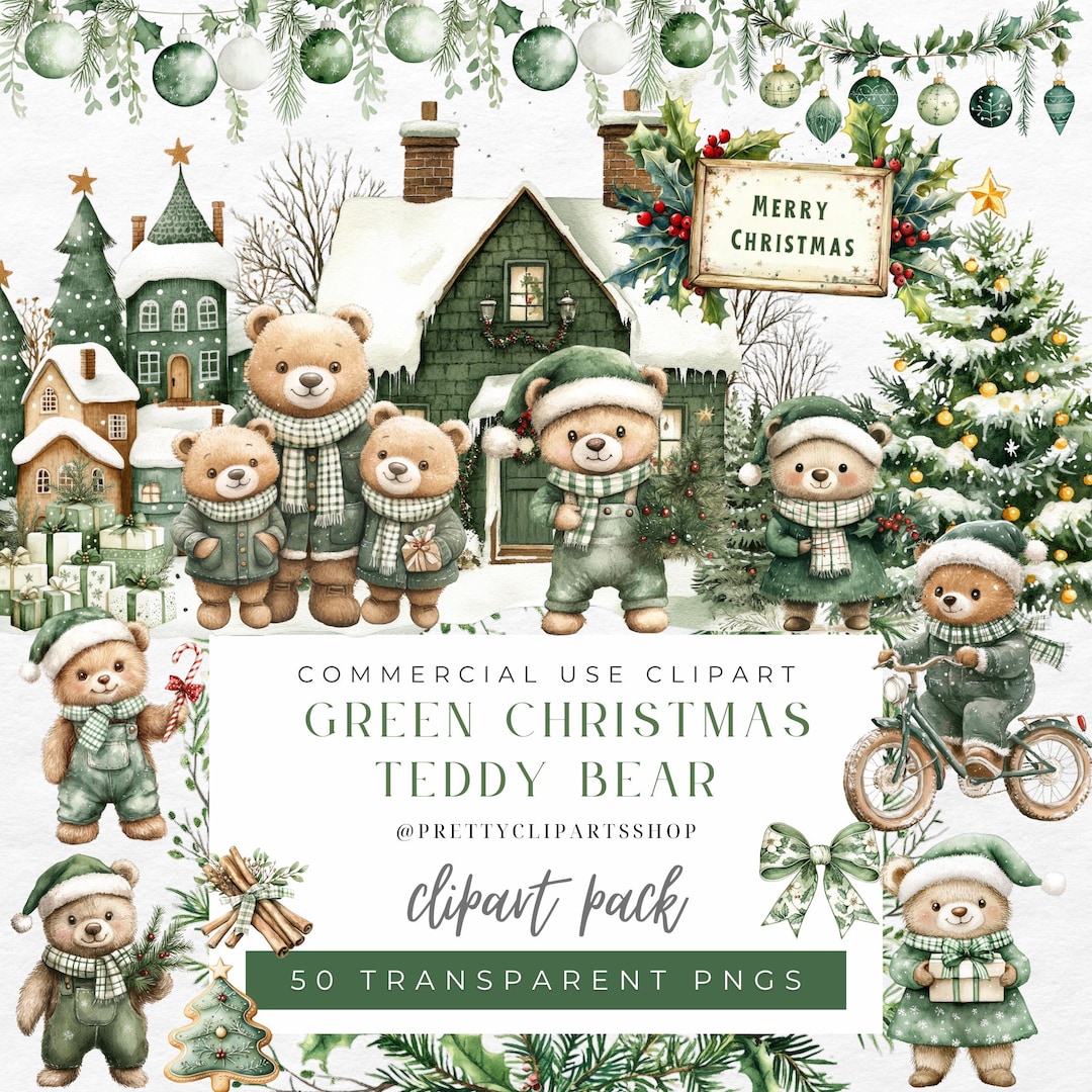 Green Christmas Teddy Bear Watercolor Clipart (PNG) - Etsy