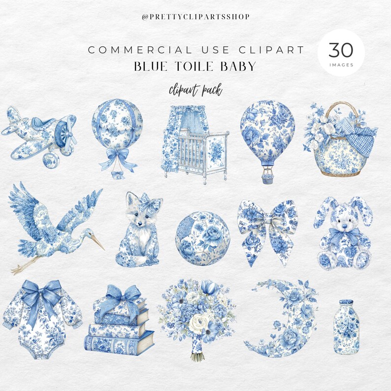 Blue Toile Baby Clipart, It's A Boy Baby Shower, Watercolor Floral ...