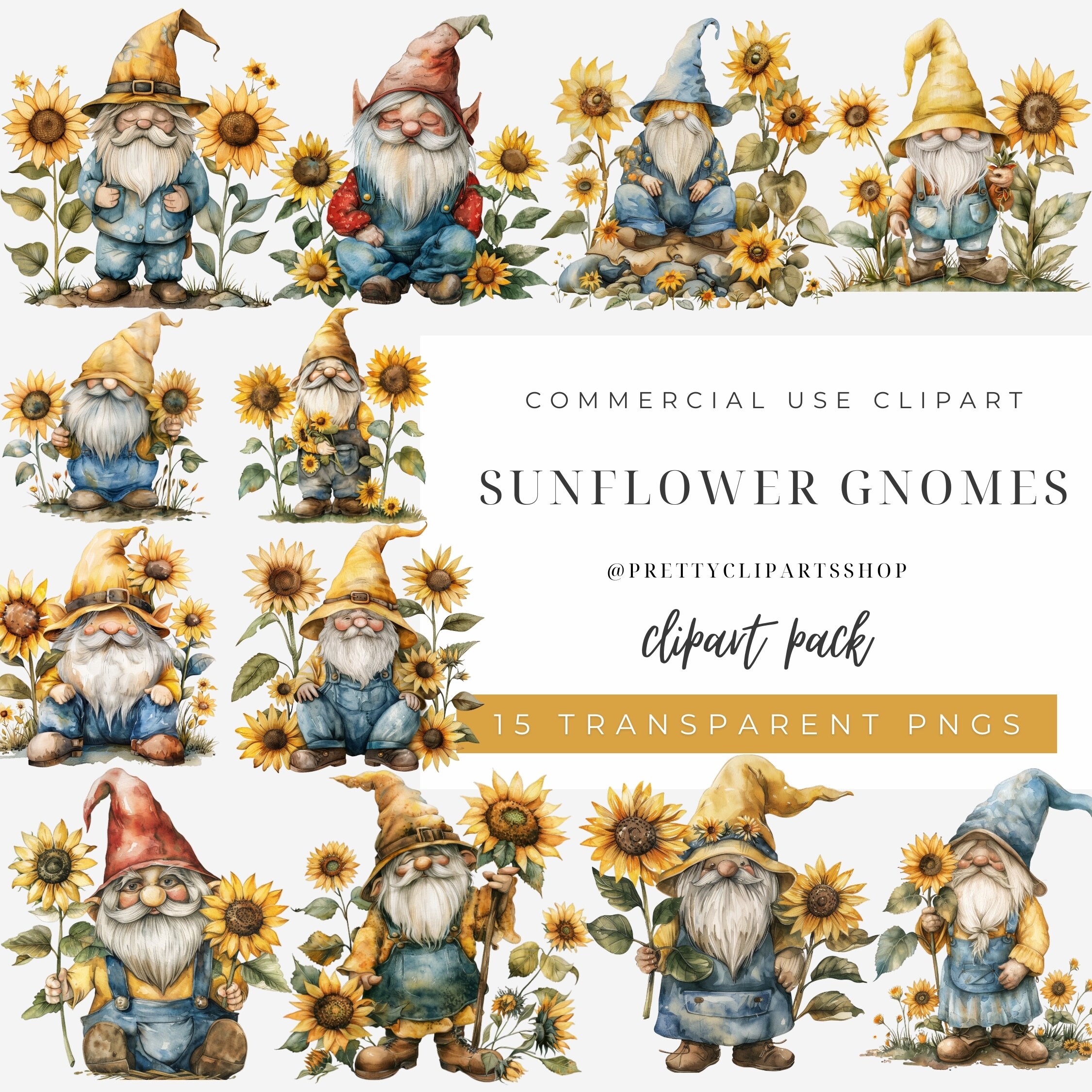 Sunflower Gnome Clipart, Garden Gnome, Watercolor Clipart, Commercial ...