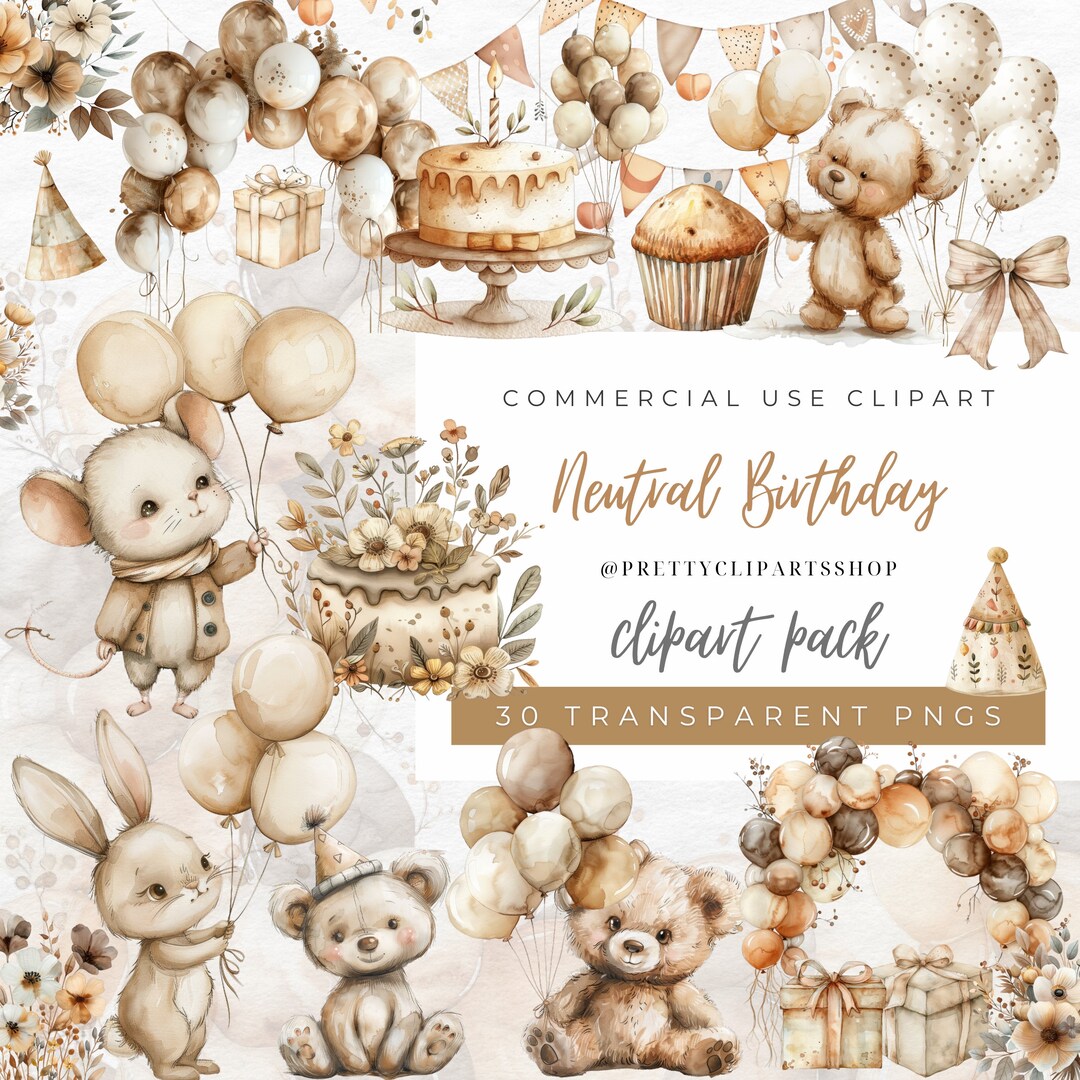 Neutral Birthday Watercolor Clipart for Commercial Use, Bear Nursery ...